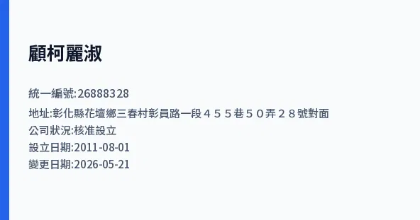 顧柯麗淑的照片-統編 26888328(彰化縣) 公司登記資料與營業項目詳細圖表