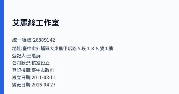 艾麗絲工作室的照片-統編 26889142(臺中市) 公司登記資料與營業項目詳細圖表