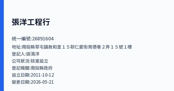 張洋工程行的照片-統編 26891604(南投縣) 公司登記資料與營業項目詳細圖表