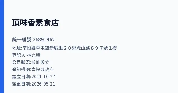 頂味香素食店的照片-統編 26891962(南投縣) 公司登記資料與營業項目詳細圖表