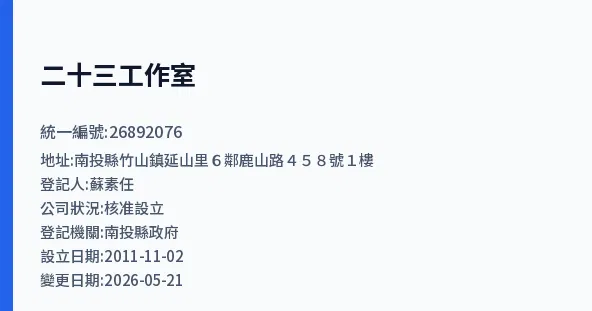 二十三工作室的照片-統編 26892076(南投縣) 公司登記資料與營業項目詳細圖表