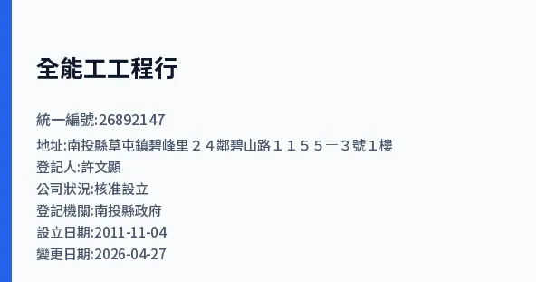 全能工工程行的照片-統編 26892147(南投縣) 公司登記資料與營業項目詳細圖表