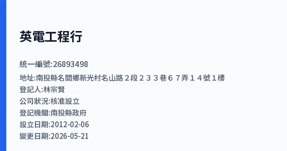 英電工程行的照片-統編 26893498(南投縣) 公司登記資料與營業項目詳細圖表