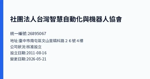 社團法人台灣智慧自動化與機器人協會的照片-統編 26895067(臺中市) 公司登記資料與營業項目詳細圖表