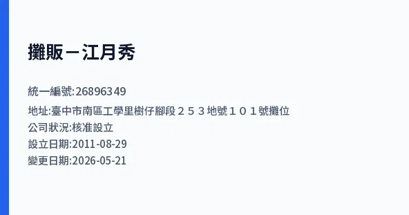 攤販-江月秀的照片-統編 26896349(臺中市) 公司登記資料與營業項目詳細圖表