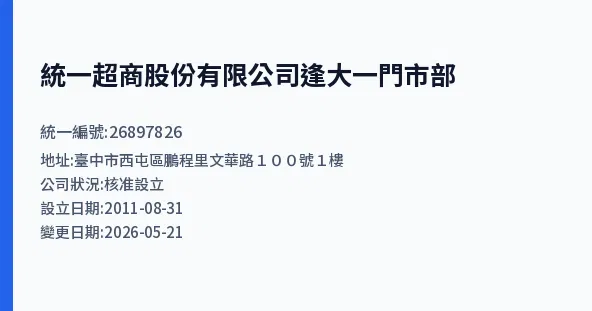 統一超商股份有限公司逢大一門市部的照片-統編 26897826(臺中市) 公司登記資料與營業項目詳細圖表