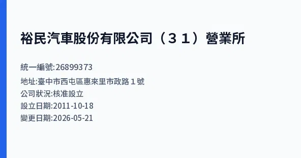 裕民汽車股份有限公司(31)營業所的照片-統編 26899373(臺中市) 公司登記資料與營業項目詳細圖表