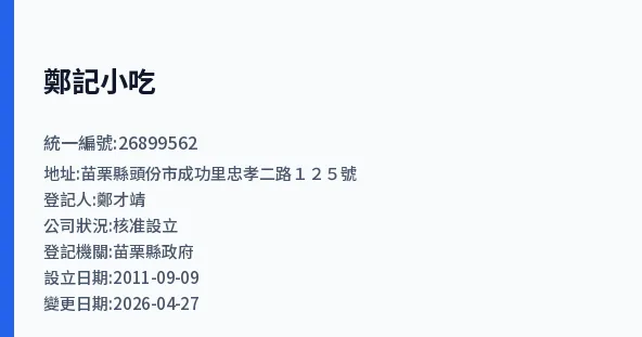 鄭記小吃的照片-統編 26899562(苗栗縣) 公司登記資料與營業項目詳細圖表