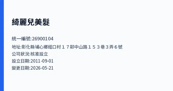 綺麗兒美髮的照片-統編 26900104(彰化縣) 公司登記資料與營業項目詳細圖表