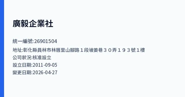 廣毅企業社的照片-統編 26901504(彰化縣) 公司登記資料與營業項目詳細圖表