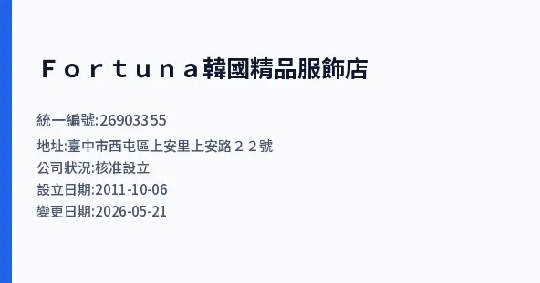 Fortuna韓國精品服飾店的照片-統編 26903355(臺中市) 公司登記資料與營業項目詳細圖表