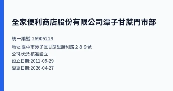 全家便利商店股份有限公司潭子甘蔗門市部的照片-統編 26905229(臺中市) 公司登記資料與營業項目詳細圖表