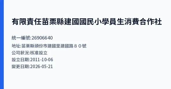 有限責任苗栗縣建國國民小學員生消費合作社的照片-統編 26906640(苗栗縣) 公司登記資料與營業項目詳細圖表