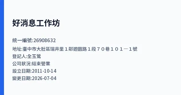 好消息工作坊的照片-統編 26908632(臺中市) 公司登記資料與營業項目詳細圖表