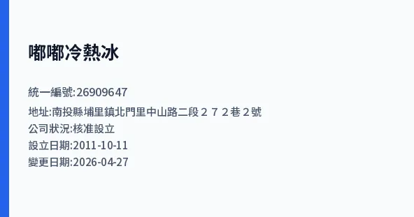 嘟嘟冷熱冰的照片-統編 26909647(南投縣) 公司登記資料與營業項目詳細圖表