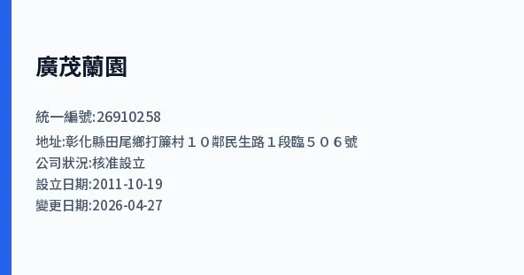 廣茂蘭園的照片-統編 26910258(彰化縣) 公司登記資料與營業項目詳細圖表