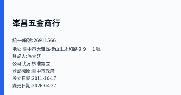 峯昌五金商行的照片-統編 26911566(臺中市) 公司登記資料與營業項目詳細圖表