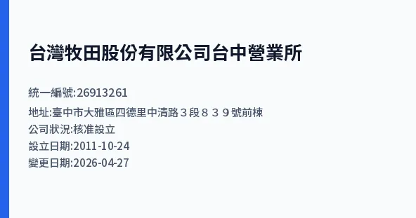 台灣牧田股份有限公司台中營業所的照片-統編 26913261(臺中市) 公司登記資料與營業項目詳細圖表