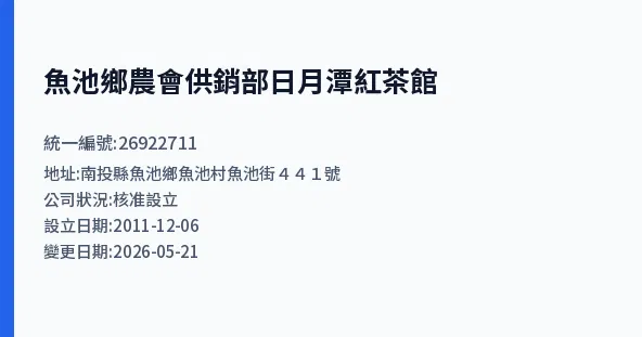 魚池鄉農會供銷部日月潭紅茶館的照片-統編 26922711(南投縣) 公司登記資料與營業項目詳細圖表