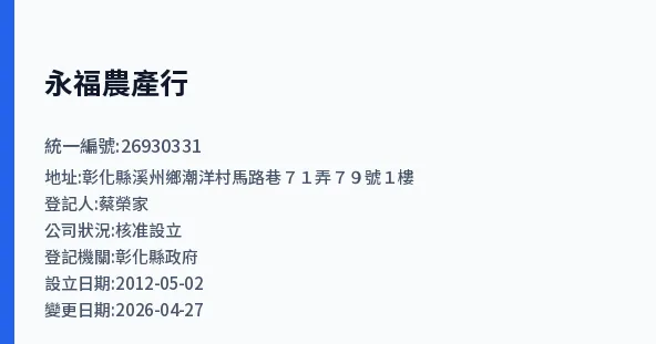 永福農產行的照片-統編 26930331(彰化縣) 公司登記資料與營業項目詳細圖表