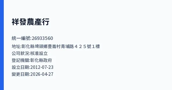 祥發農產行的照片-統編 26933560(彰化縣) 公司登記資料與營業項目詳細圖表