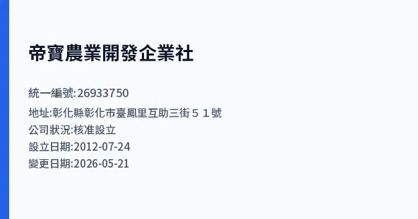 帝寶農業開發企業社的照片-統編 26933750(彰化縣) 公司登記資料與營業項目詳細圖表