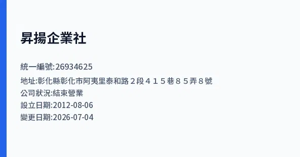 昇揚企業社的照片-統編 26934625(彰化縣) 公司登記資料與營業項目詳細圖表