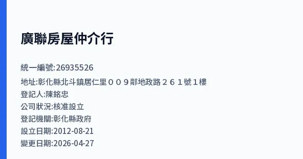 廣聯房屋仲介行的照片-統編 26935526(彰化縣) 公司登記資料與營業項目詳細圖表