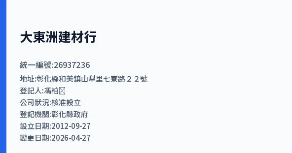 大東洲建材行的照片-統編 26937236(彰化縣) 公司登記資料與營業項目詳細圖表