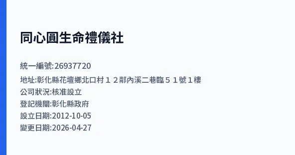 同心圓生命禮儀社的照片-統編 26937720(彰化縣) 公司登記資料與營業項目詳細圖表
