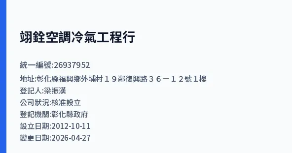 翊銓空調冷氣工程行的照片-統編 26937952(彰化縣) 公司登記資料與營業項目詳細圖表