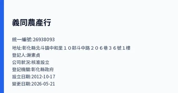 義同農產行的照片-統編 26938093(彰化縣) 公司登記資料與營業項目詳細圖表