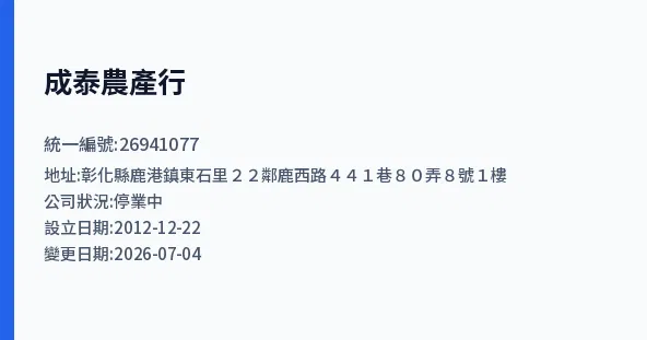 成泰農產行的照片-統編 26941077(彰化縣) 公司登記資料與營業項目詳細圖表