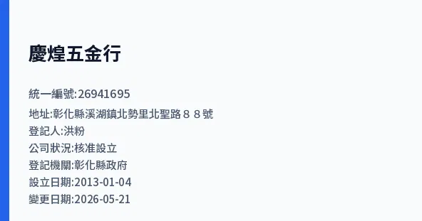 慶煌五金行的照片-統編 26941695(彰化縣) 公司登記資料與營業項目詳細圖表
