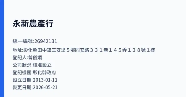 永新農產行的照片-統編 26942131(彰化縣) 公司登記資料與營業項目詳細圖表