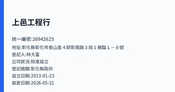 上邑工程行的照片-統編 26942625(彰化縣) 公司登記資料與營業項目詳細圖表