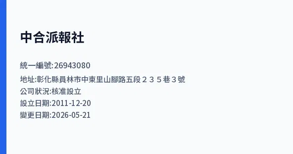 中合派報社的照片-統編 26943080(彰化縣) 公司登記資料與營業項目詳細圖表