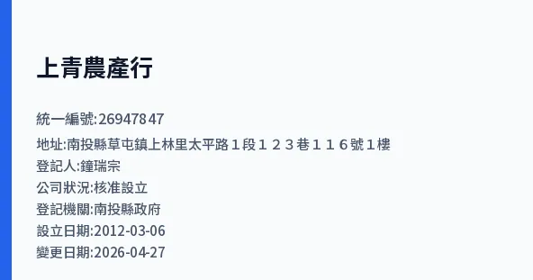 上青農產行的照片-統編 26947847(南投縣) 公司登記資料與營業項目詳細圖表