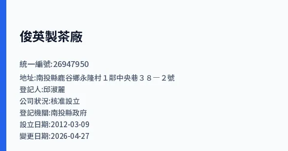 俊英製茶廠的照片-統編 26947950(南投縣) 公司登記資料與營業項目詳細圖表