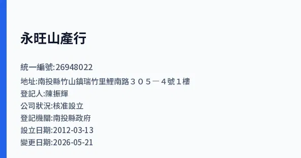 永旺山產行的照片-統編 26948022(南投縣) 公司登記資料與營業項目詳細圖表