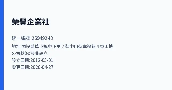榮豐企業社的照片-統編 26949248(南投縣) 公司登記資料與營業項目詳細圖表
