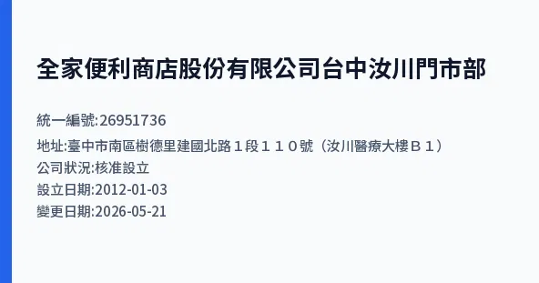 全家便利商店股份有限公司台中汝川門市部的照片-統編 26951736(臺中市) 公司登記資料與營業項目詳細圖表