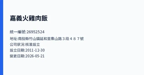嘉義火雞肉飯的照片-統編 26952524(南投縣) 公司登記資料與營業項目詳細圖表