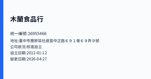 木蘭食品行的照片-統編 26955466(臺中市) 公司登記資料與營業項目詳細圖表