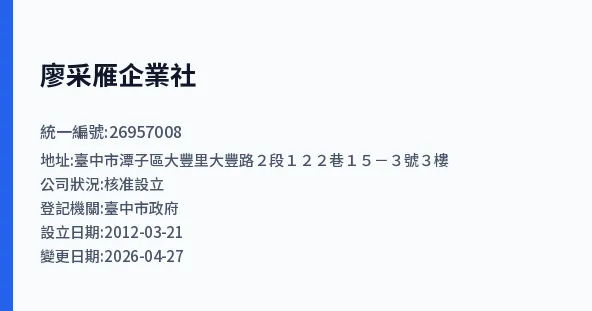 廖采雁企業社的照片-統編 26957008(臺中市) 公司登記資料與營業項目詳細圖表