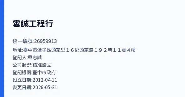 雲誠工程行的照片-統編 26959913(臺中市) 公司登記資料與營業項目詳細圖表