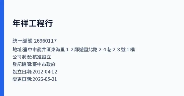 年祥工程行的照片-統編 26960117(臺中市) 公司登記資料與營業項目詳細圖表