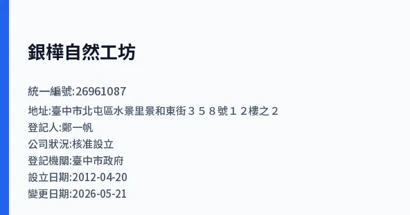 銀樺自然工坊的照片-統編 26961087(臺中市) 公司登記資料與營業項目詳細圖表
