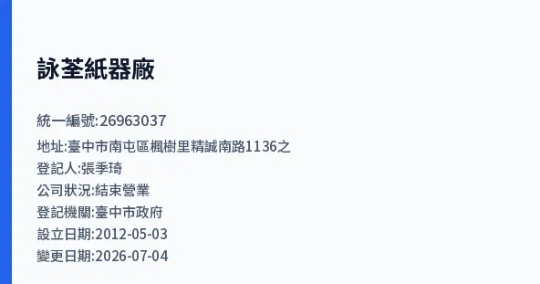 詠荃紙器廠的照片-統編 26963037(臺中市) 公司登記資料與營業項目詳細圖表