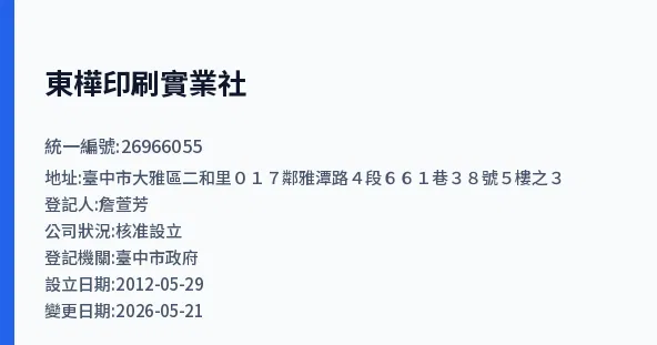 東樺印刷實業社的照片-統編 26966055(臺中市) 公司登記資料與營業項目詳細圖表